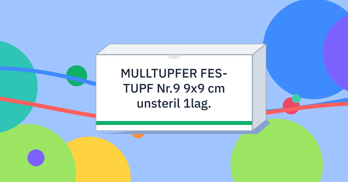Symbolbild: Packung mit der Aufschrift MULLTUPFER FES-TUPF Nr.9 9x9 cm unsteril 1lag. (PZN 06310753) – Verfügbarkeit und Bezug in Apotheken in Frankfurt am Main
