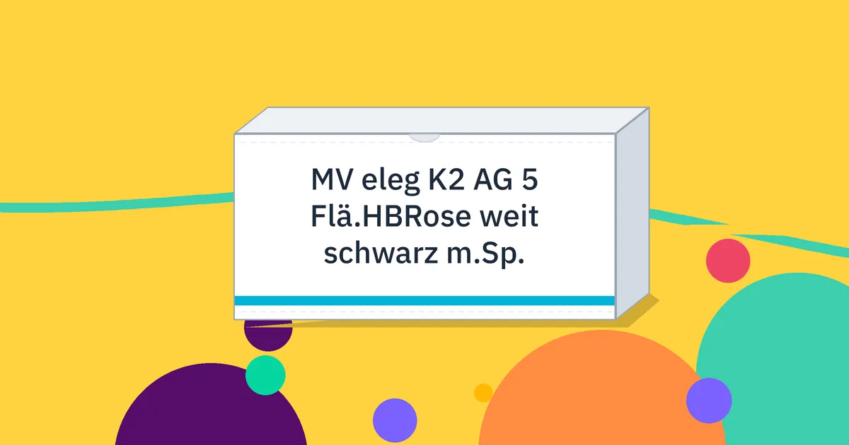 Symbolbild: Packung mit der Aufschrift MV eleg K2 AG 5 Flä.HBRose weit schwarz m.Sp. (PZN 15721231) – Verfügbarkeit und Bezug in Apotheken in Frankfurt am Main