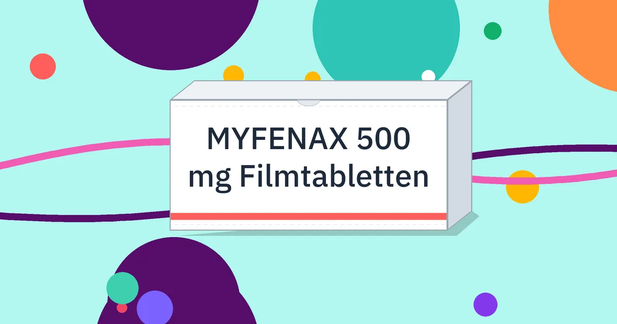 Symbolbild: Packung mit der Aufschrift MYFENAX 500 mg Filmtabletten (PZN 10764543) – Verfügbarkeit und Bezug in Apotheken in Frankfurt am Main