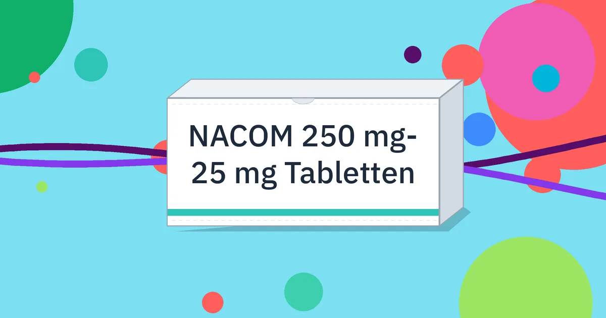 Symbolbild: Packung mit der Aufschrift NACOM 250 mg-25 mg Tabletten (PZN 06164777) – Verfügbarkeit und Bezug in Apotheken in Frankfurt am Main