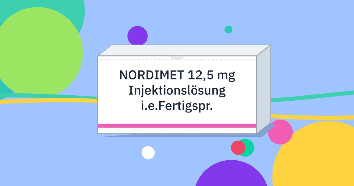 Symbolbild: Packung mit der Aufschrift NORDIMET 12,5 mg Injektionslösung i.e.Fertigspr. (PZN 15264816) – Verfügbarkeit und Bezug in Apotheken in Frankfurt am Main