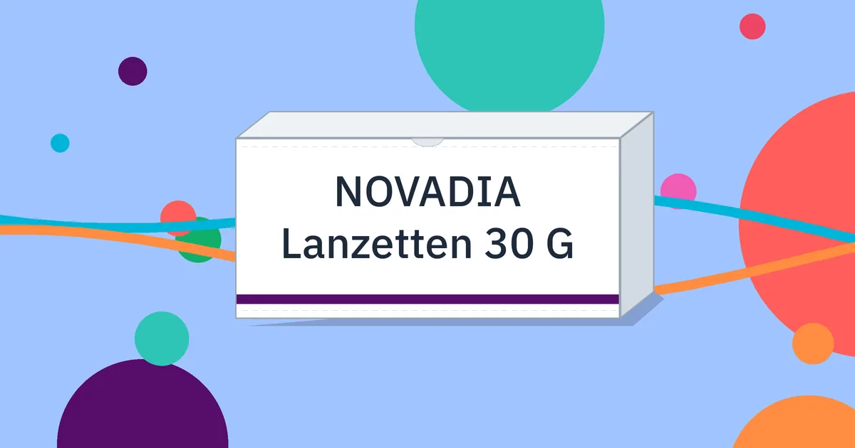 Symbolbild: Packung mit der Aufschrift NOVADIA Lanzetten 30 G (PZN 13722568) – Verfügbarkeit und Bezug in Apotheken in Frankfurt am Main