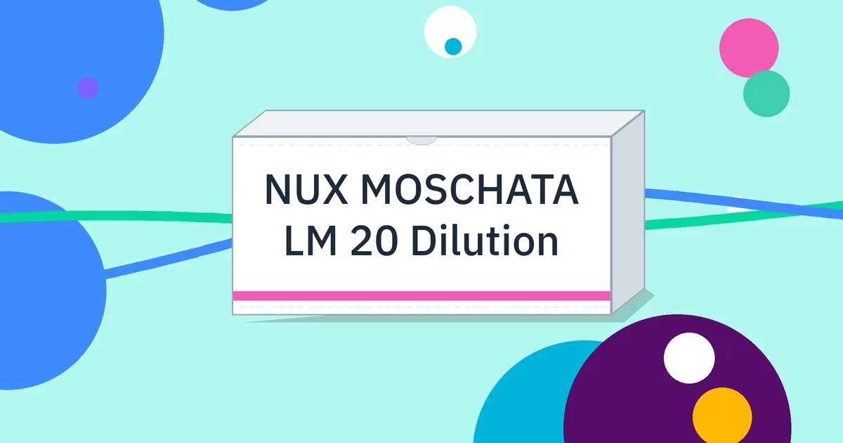 Symbolbild: Packung mit der Aufschrift NUX MOSCHATA LM 20 Dilution (PZN 12970040) – Verfügbarkeit und Bezug in Apotheken in Frankfurt am Main