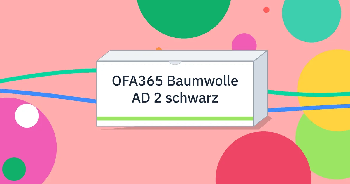 Symbolbild: Packung mit der Aufschrift OFA365 Baumwolle AD 2 schwarz (PZN 16723692) – Verfügbarkeit und Bezug in Apotheken in Frankfurt am Main