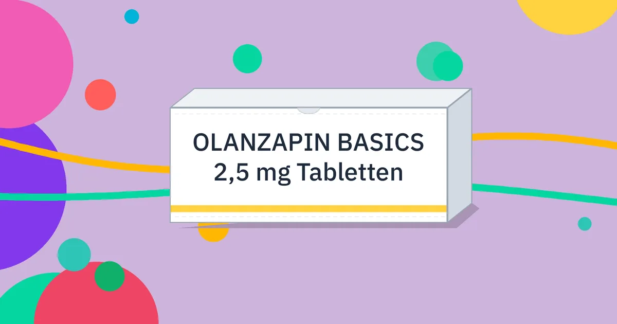 Symbolbild: Packung mit der Aufschrift OLANZAPIN BASICS 2,5 mg Tabletten (PZN 08468085) – Verfügbarkeit und Bezug in Apotheken in Frankfurt am Main