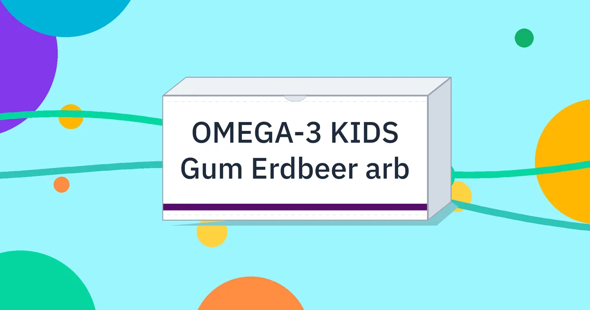 Symbolbild: Packung mit der Aufschrift OMEGA-3 KIDS Gum Erdbeer arb (PZN 20078671) – Verfügbarkeit und Bezug in Apotheken in Frankfurt am Main
