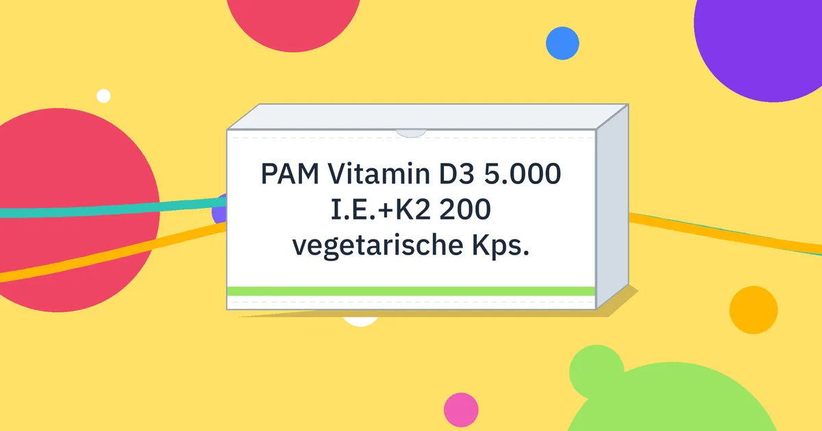 Symbolbild: Packung mit der Aufschrift PAM Vitamin D3 5.000 I.E.+K2 200 vegetarische Kps. (PZN 20280303) – Verfügbarkeit und Bezug in Apotheken in Frankfurt am Main