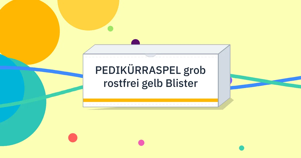 Symbolbild: Packung mit der Aufschrift PEDIKÜRRASPEL grob rostfrei gelb Blister (PZN 01600819) – Verfügbarkeit und Bezug in Apotheken in Frankfurt am Main