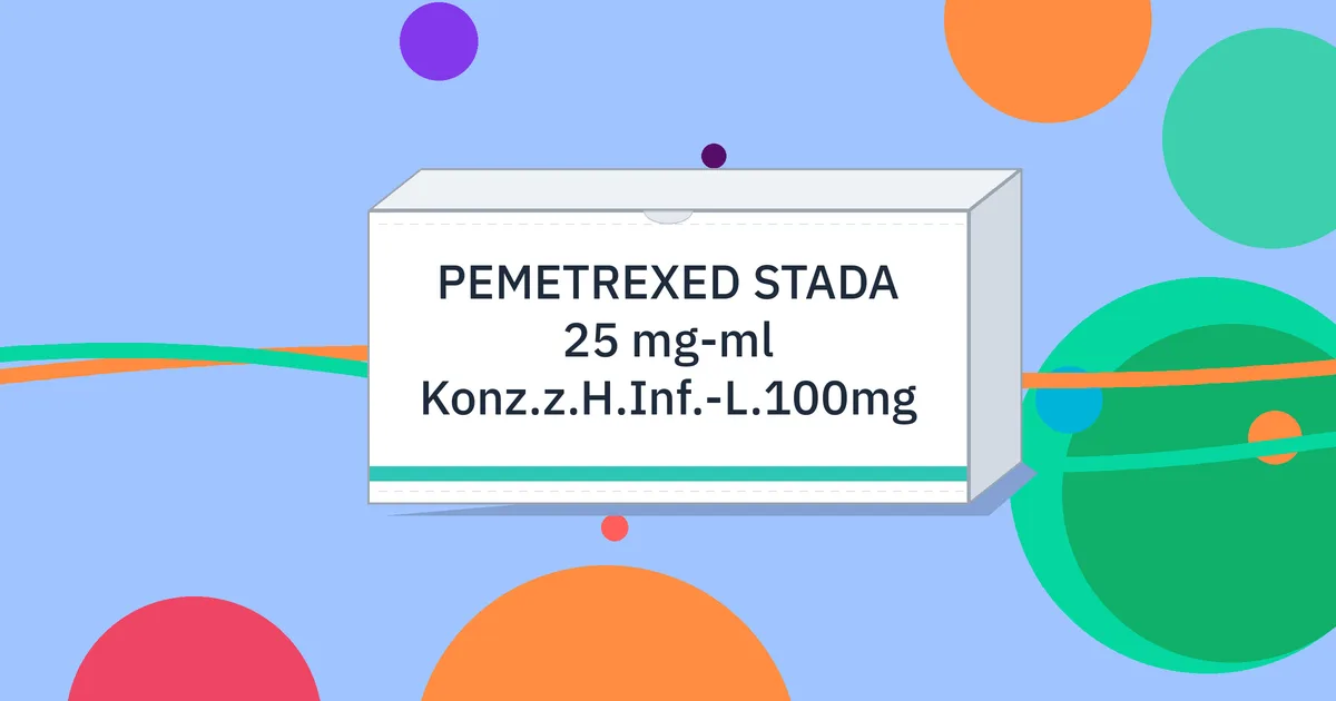 Symbolbild: Packung mit der Aufschrift PEMETREXED STADA 25 mg-ml Konz.z.H.Inf.-L.100mg (PZN 13868533) – Verfügbarkeit und Bezug in Apotheken in Frankfurt am Main