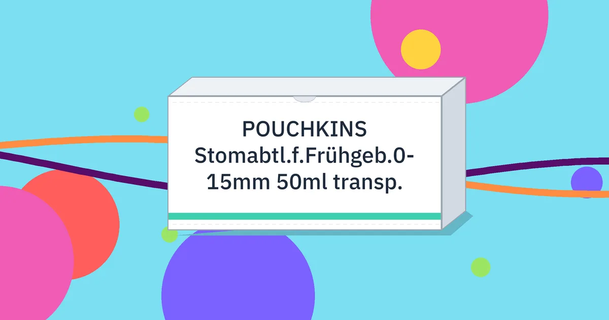 Symbolbild: Packung mit der Aufschrift POUCHKINS Stomabtl.f.Frühgeb.0-15mm 50ml transp. (PZN 00733760) – Verfügbarkeit und Bezug in Apotheken in Frankfurt am Main