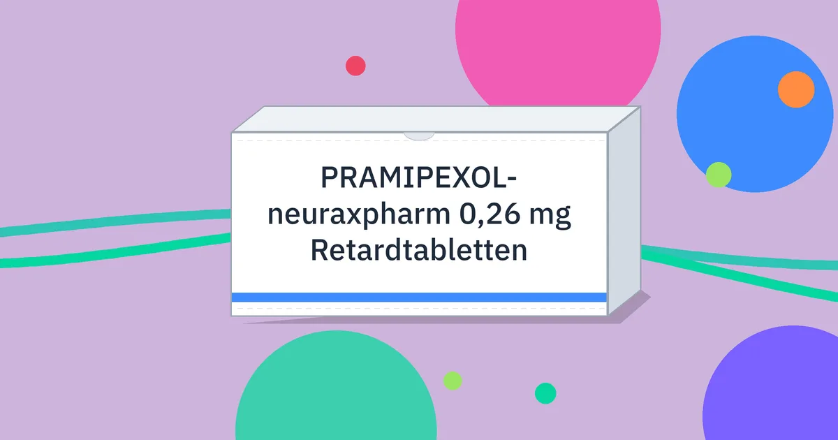 Symbolbild: Packung mit der Aufschrift PRAMIPEXOL-neuraxpharm 0,26 mg Retardtabletten (PZN 12423875) – Verfügbarkeit und Bezug in Apotheken in Frankfurt am Main