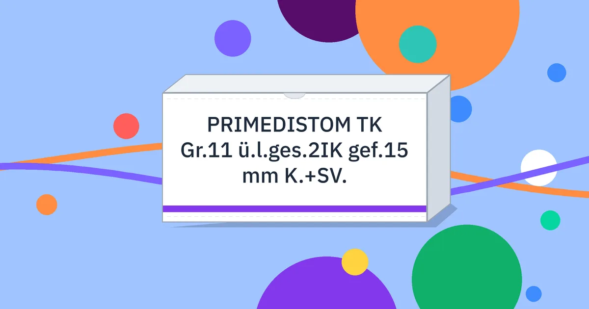 Symbolbild: Packung mit der Aufschrift PRIMEDISTOM TK Gr.11 ü.l.ges.2IK gef.15 mm K.+SV. (PZN 10928737) – Verfügbarkeit und Bezug in Apotheken in Frankfurt am Main