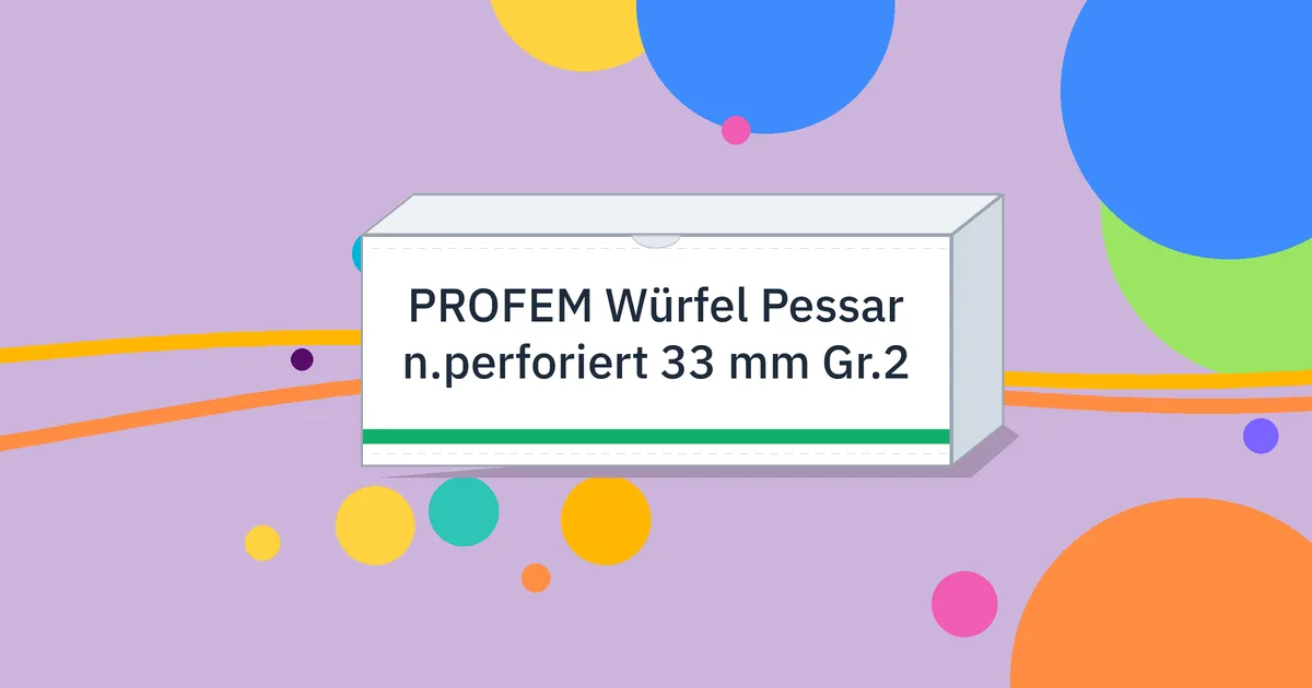 Symbolbild: Packung mit der Aufschrift PROFEM Würfel Pessar n.perforiert 33 mm Gr.2 (PZN 11672866) – Verfügbarkeit und Bezug in Apotheken in Frankfurt am Main