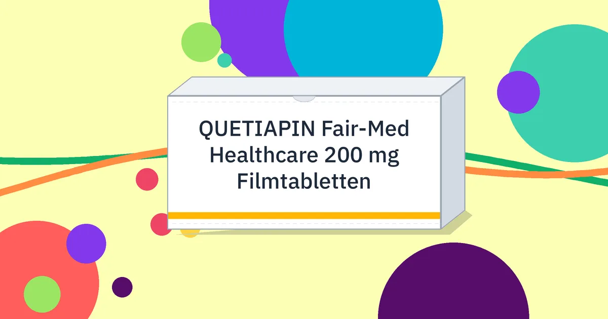 Symbolbild: Packung mit der Aufschrift QUETIAPIN Fair-Med Healthcare 200 mg Filmtabletten (PZN 12494579) – Verfügbarkeit und Bezug in Apotheken in Frankfurt am Main