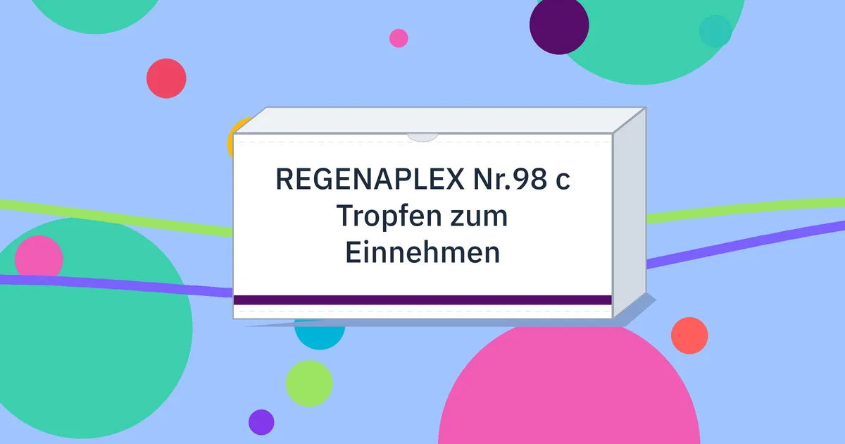 Symbolbild: Packung mit der Aufschrift REGENAPLEX Nr.98 c Tropfen zum Einnehmen (PZN 06981364) – Verfügbarkeit und Bezug in Apotheken in Frankfurt am Main
