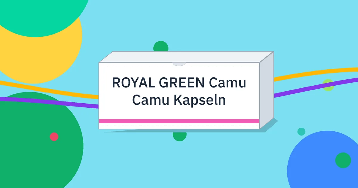 Symbolbild: Packung mit der Aufschrift ROYAL GREEN Camu Camu Kapseln (PZN 16504323) – Verfügbarkeit und Bezug in Apotheken in Frankfurt am Main