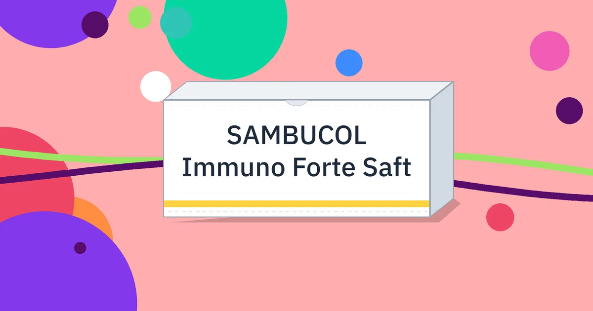 Symbolbild: Packung mit der Aufschrift SAMBUCOL Immuno Forte Saft (PZN 10019578) – Verfügbarkeit und Bezug in Apotheken in Frankfurt am Main