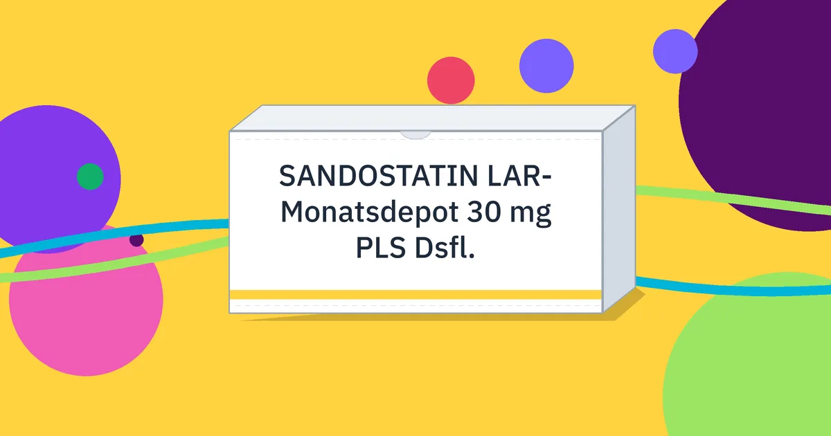 Symbolbild: Packung mit der Aufschrift SANDOSTATIN LAR-Monatsdepot 30 mg PLS Dsfl. (PZN 02434406) – Verfügbarkeit und Bezug in Apotheken in Frankfurt am Main