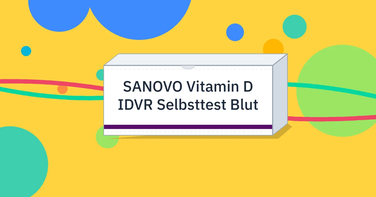 Symbolbild: Packung mit der Aufschrift SANOVO Vitamin D IDVR Selbsttest Blut (PZN 20383693) – Verfügbarkeit und Bezug in Apotheken in Frankfurt am Main