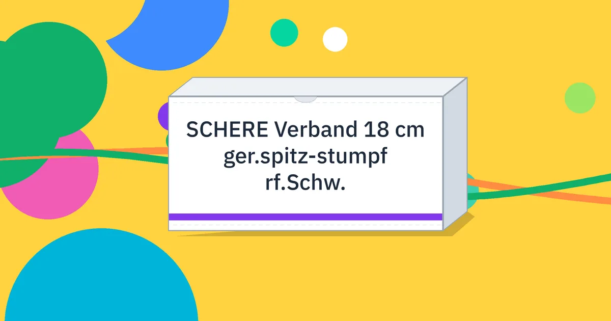 Symbolbild: Packung mit der Aufschrift SCHERE Verband 18 cm ger.spitz-stumpf rf.Schw. (PZN 10915491) – Verfügbarkeit und Bezug in Apotheken in Frankfurt am Main