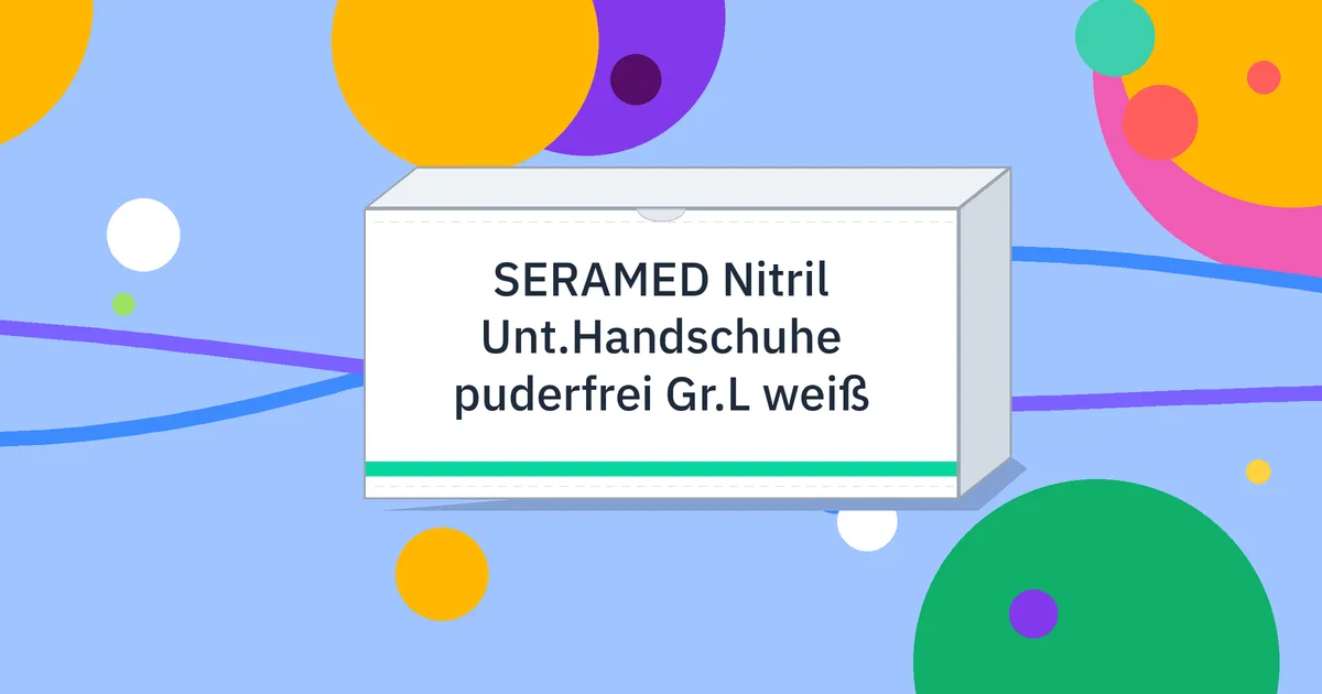Symbolbild: Packung mit der Aufschrift SERAMED Nitril Unt.Handschuhe puderfrei Gr.L weiß (PZN 18061255) – Verfügbarkeit und Bezug in Apotheken in Frankfurt am Main
