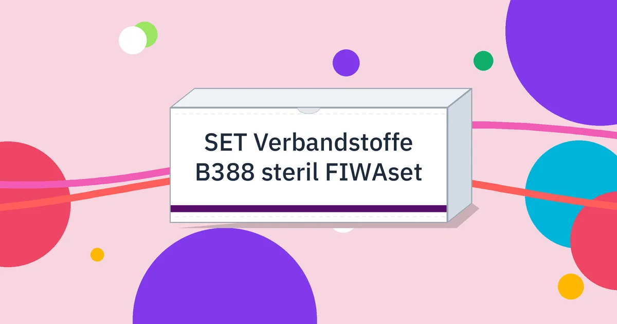 Symbolbild: Packung mit der Aufschrift SET Verbandstoffe B388 steril FIWAset (PZN 13568742) – Verfügbarkeit und Bezug in Apotheken in Frankfurt am Main