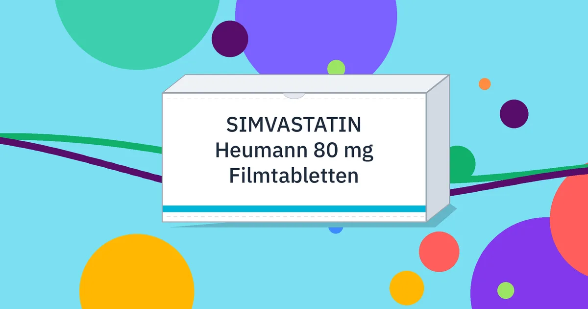 Symbolbild: Packung mit der Aufschrift SIMVASTATIN Heumann 80 mg Filmtabletten (PZN 04006270) – Verfügbarkeit und Bezug in Apotheken in Frankfurt am Main
