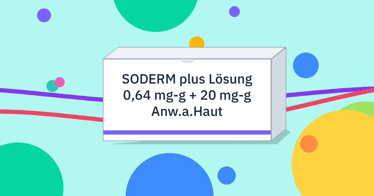 Symbolbild: Packung mit der Aufschrift SODERM plus Lösung 0,64 mg-g + 20 mg-g Anw.a.Haut (PZN 11293494) – Verfügbarkeit und Bezug in Apotheken in Frankfurt am Main