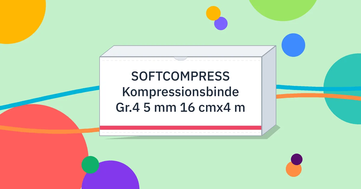 Symbolbild: Packung mit der Aufschrift SOFTCOMPRESS Kompressionsbinde Gr.4 5 mm 16 cmx4 m (PZN 13506089) – Verfügbarkeit und Bezug in Apotheken in Frankfurt am Main