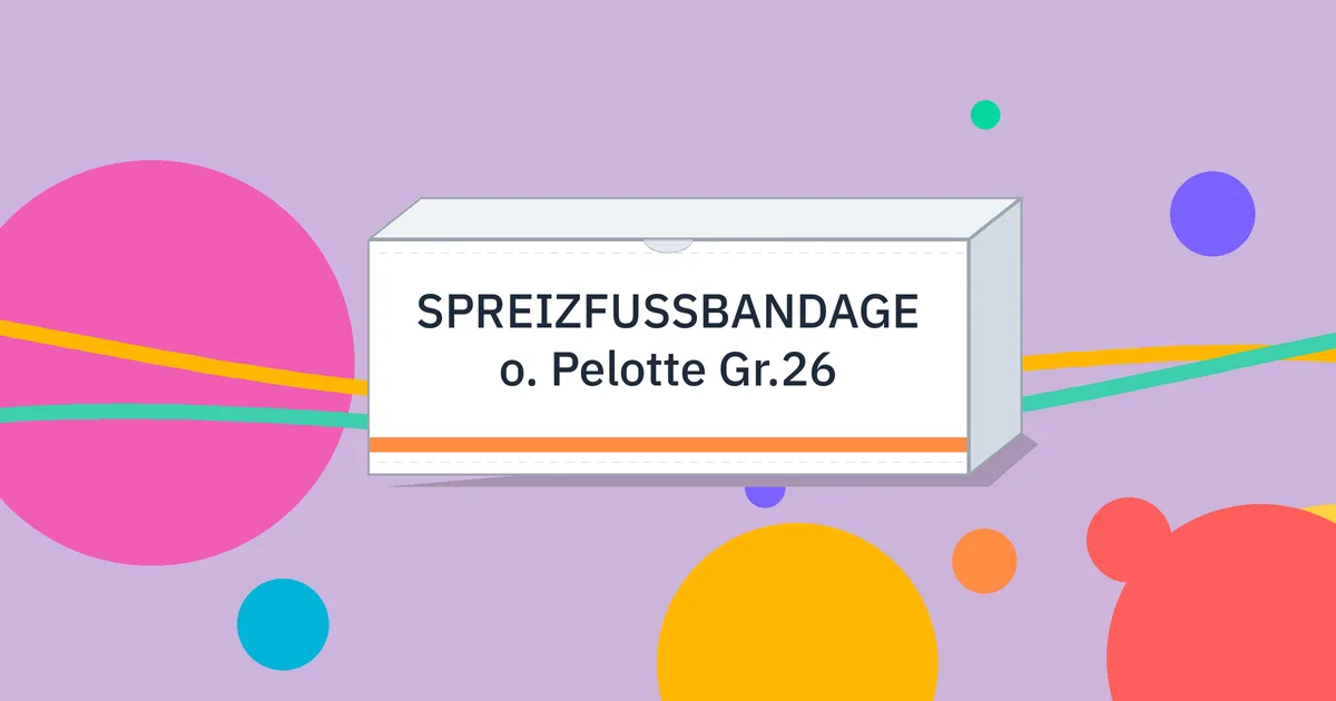 Symbolbild: Packung mit der Aufschrift SPREIZFUSSBANDAGE o. Pelotte Gr.26 (PZN 01736513) – Verfügbarkeit und Bezug in Apotheken in Frankfurt am Main