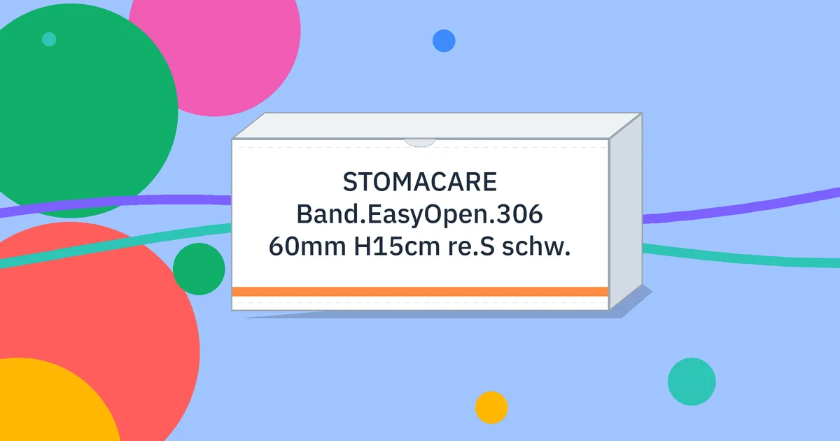 Symbolbild: Packung mit der Aufschrift STOMACARE Band.EasyOpen.306 60mm H15cm re.S schw. (PZN 09437448) – Verfügbarkeit und Bezug in Apotheken in Frankfurt am Main