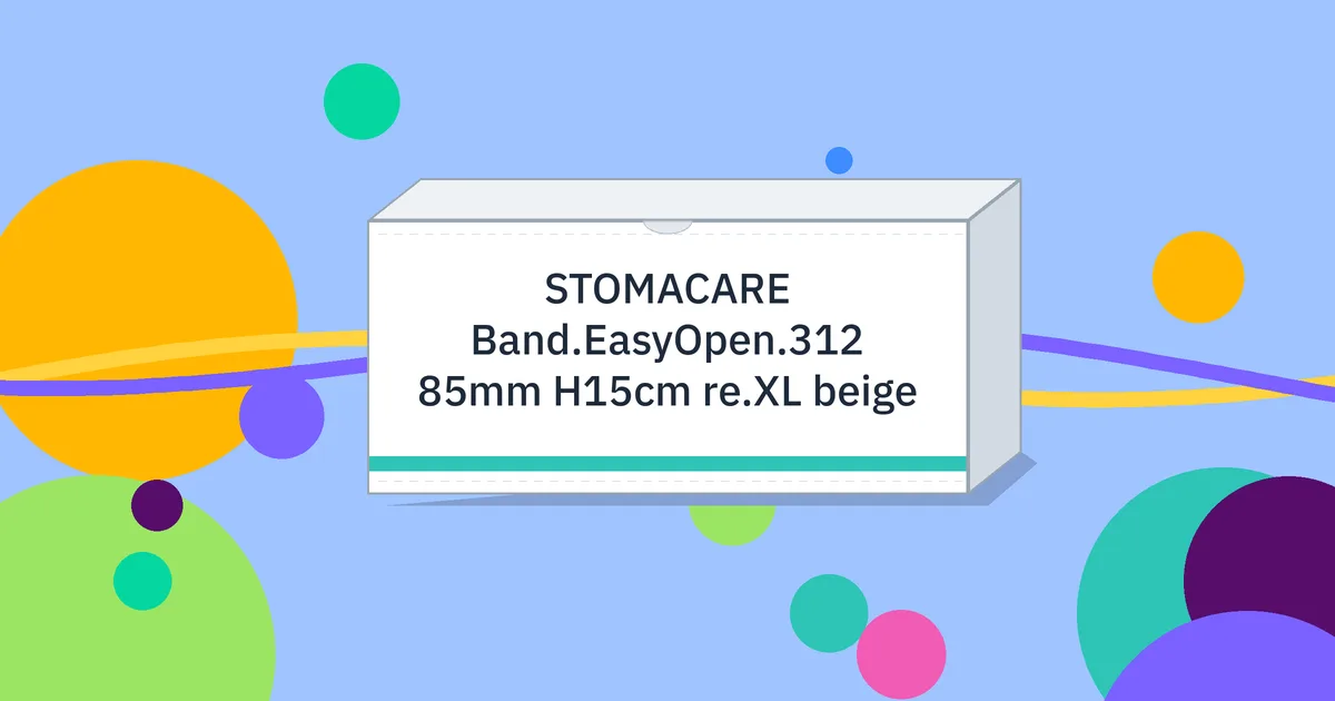 Symbolbild: Packung mit der Aufschrift STOMACARE Band.EasyOpen.312 85mm H15cm re.XL beige (PZN 09437951) – Verfügbarkeit und Bezug in Apotheken in Frankfurt am Main