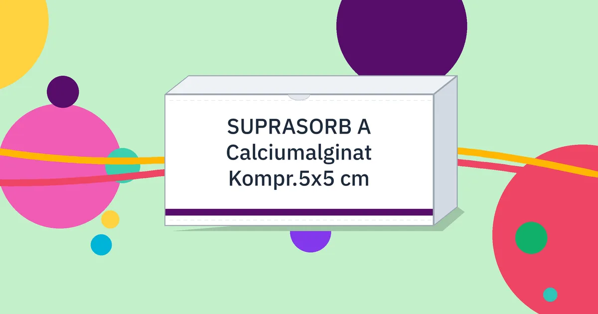 Symbolbild: Packung mit der Aufschrift SUPRASORB A Calciumalginat Kompr.5x5 cm (PZN 13344994) – Verfügbarkeit und Bezug in Apotheken in Frankfurt am Main