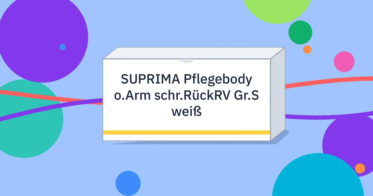 Symbolbild: Packung mit der Aufschrift SUPRIMA Pflegebody o.Arm schr.RückRV Gr.S weiß (PZN 10227495) – Verfügbarkeit und Bezug in Apotheken in Frankfurt am Main