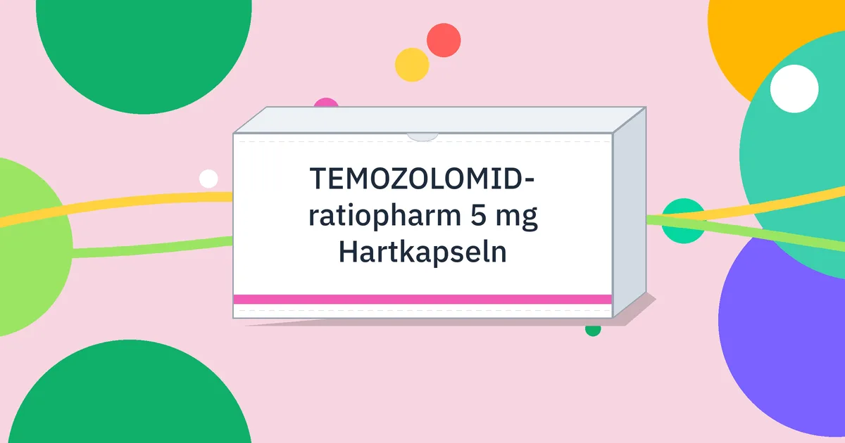 Symbolbild: Packung mit der Aufschrift TEMOZOLOMID-ratiopharm 5 mg Hartkapseln (PZN 05884593) – Verfügbarkeit und Bezug in Apotheken in Frankfurt am Main