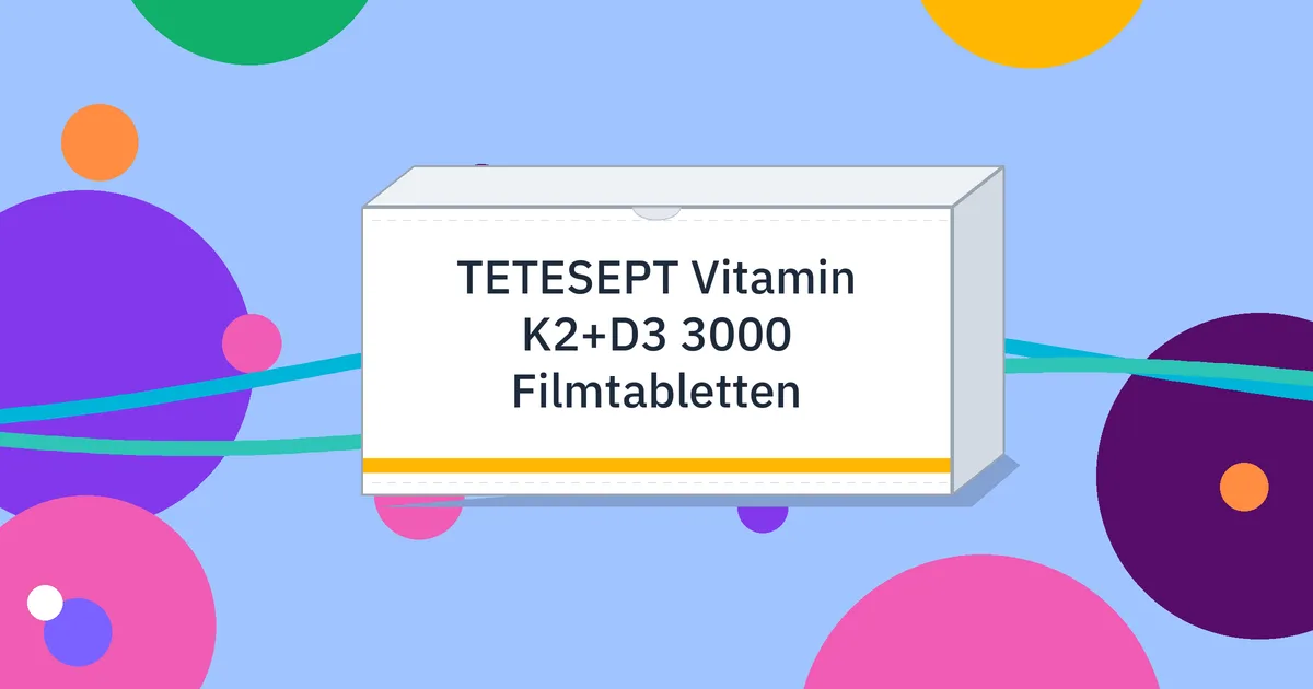 Symbolbild: Packung mit der Aufschrift TETESEPT Vitamin K2+D3 3000 Filmtabletten (PZN 19802506) – Verfügbarkeit und Bezug in Apotheken in Frankfurt am Main