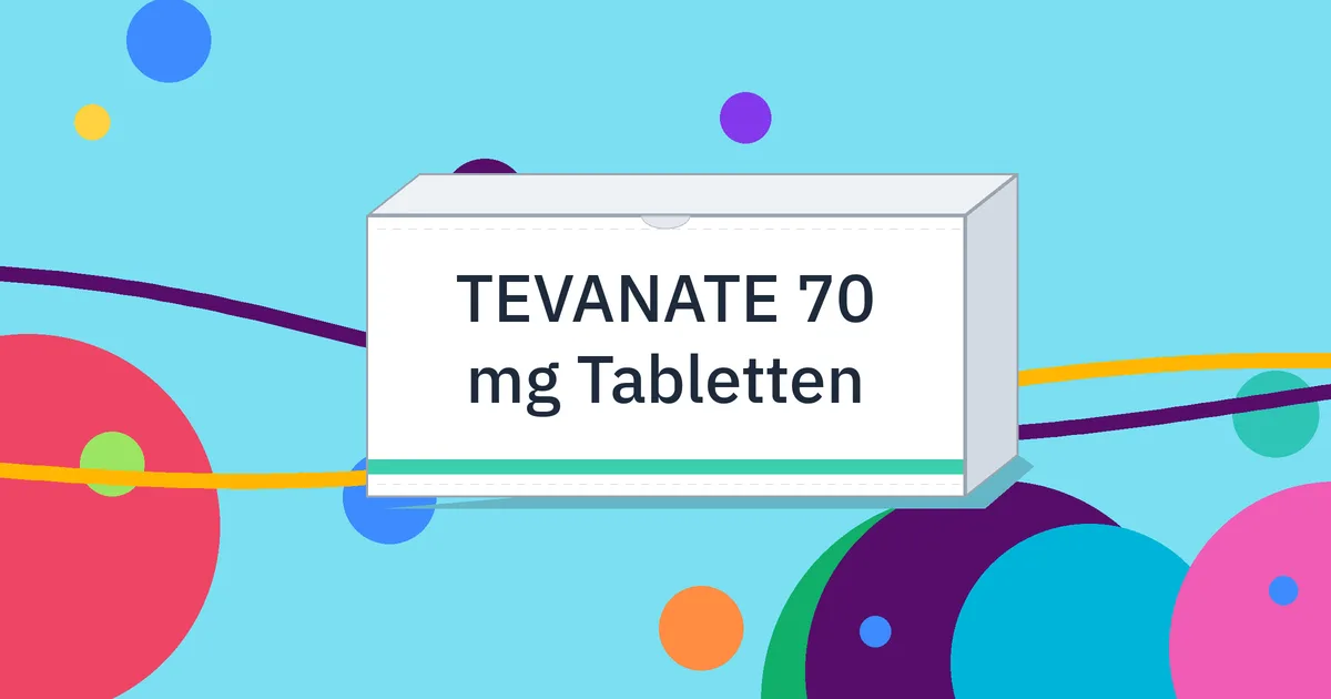 Symbolbild: Packung mit der Aufschrift TEVANATE 70 mg Tabletten (PZN 20350877) – Verfügbarkeit und Bezug in Apotheken in Frankfurt am Main