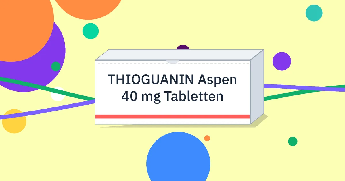 Symbolbild: Packung mit der Aufschrift THIOGUANIN Aspen 40 mg Tabletten (PZN 01688872) – Verfügbarkeit und Bezug in Apotheken in Frankfurt am Main