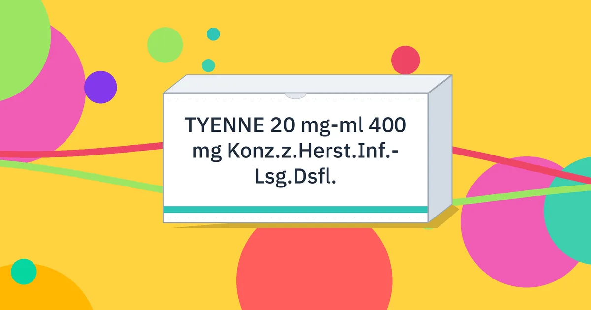 Symbolbild: Packung mit der Aufschrift TYENNE 20 mg-ml 400 mg Konz.z.Herst.Inf.-Lsg.Dsfl. (PZN 18817598) – Verfügbarkeit und Bezug in Apotheken in Frankfurt am Main