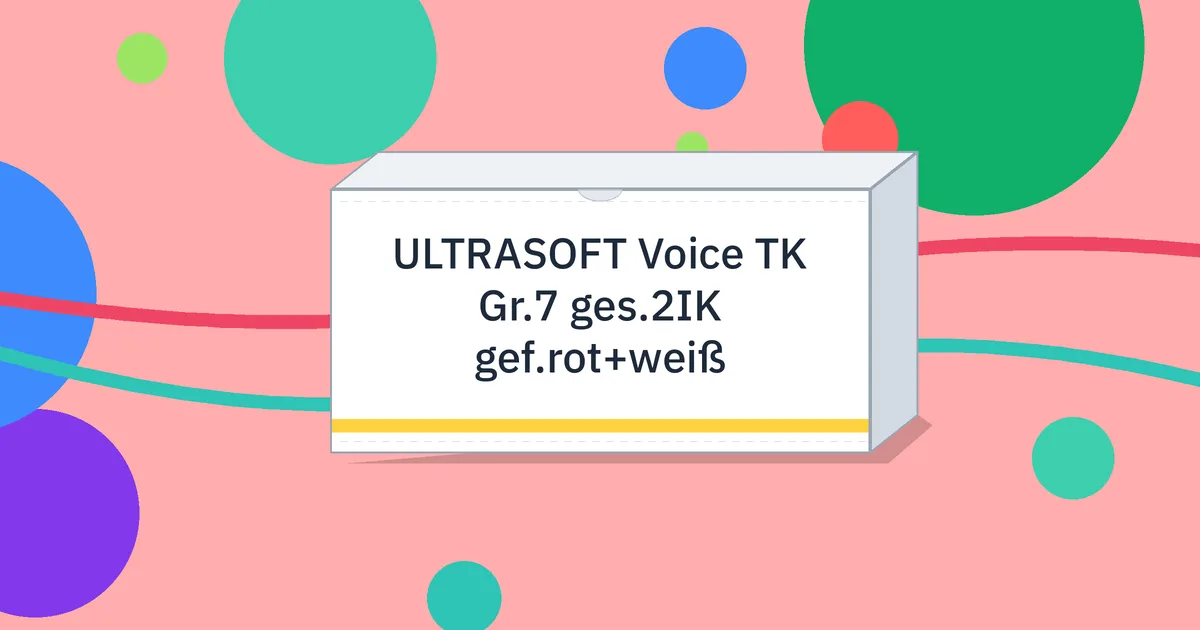 Symbolbild: Packung mit der Aufschrift ULTRASOFT Voice TK Gr.7 ges.2IK gef.rot+weiß (PZN 10731408) – Verfügbarkeit und Bezug in Apotheken in Frankfurt am Main