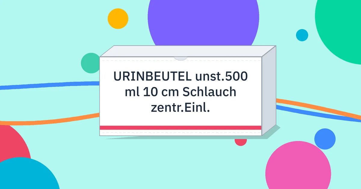 Symbolbild: Packung mit der Aufschrift URINBEUTEL unst.500 ml 10 cm Schlauch zentr.Einl. (PZN 16837734) – Verfügbarkeit und Bezug in Apotheken in Frankfurt am Main
