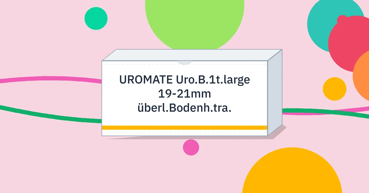 Symbolbild: Packung mit der Aufschrift UROMATE Uro.B.1t.large 19-21mm überl.Bodenh.tra. (PZN 03741145) – Verfügbarkeit und Bezug in Apotheken in Frankfurt am Main