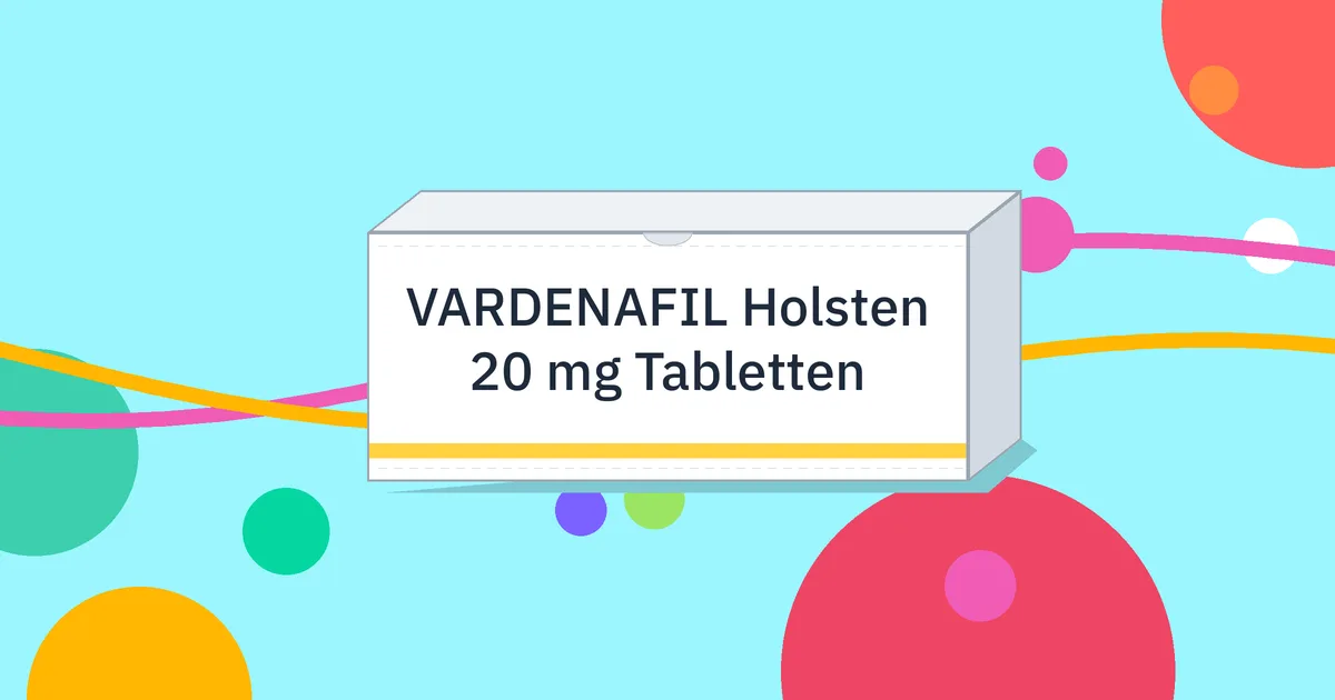 Symbolbild: Packung mit der Aufschrift VARDENAFIL Holsten 20 mg Tabletten (PZN 15318995) – Verfügbarkeit und Bezug in Apotheken in Frankfurt am Main