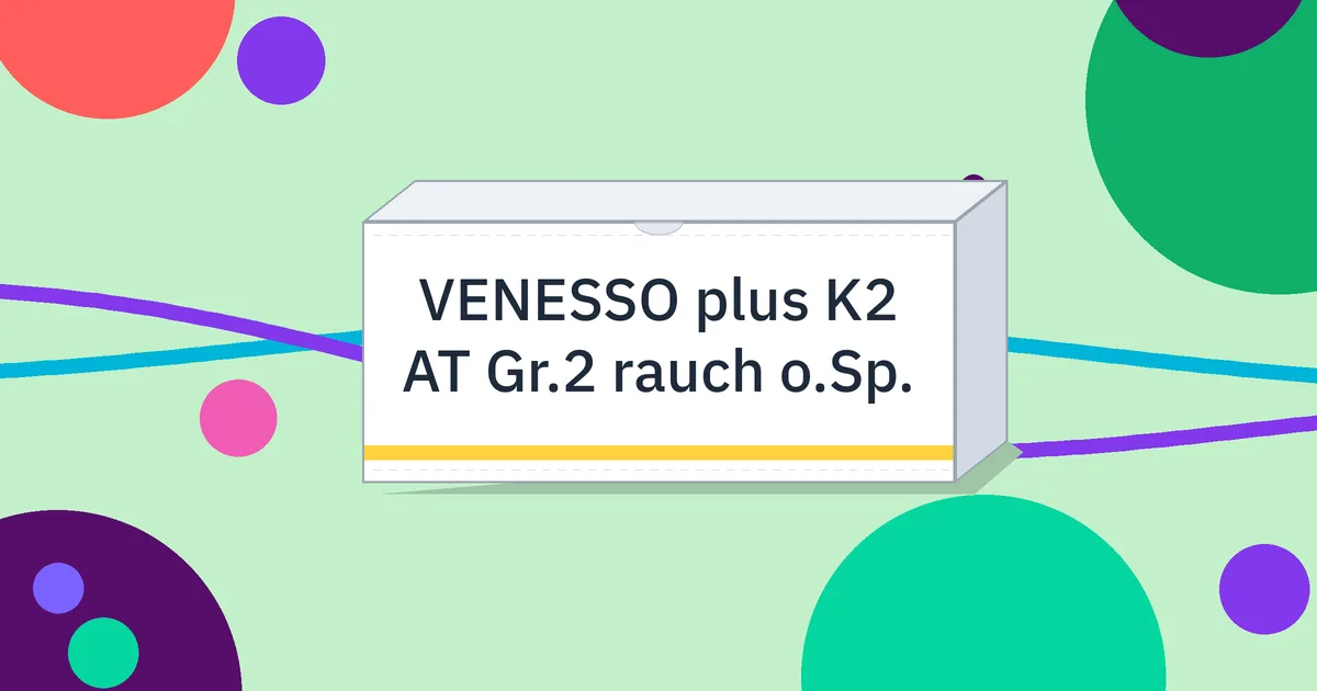 Symbolbild: Packung mit der Aufschrift VENESSO plus K2 AT Gr.2 rauch o.Sp. (PZN 03287887) – Verfügbarkeit und Bezug in Apotheken in Frankfurt am Main