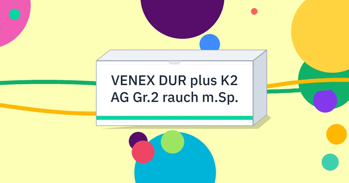 Symbolbild: Packung mit der Aufschrift VENEX DUR plus K2 AG Gr.2 rauch m.Sp. (PZN 03234661) – Verfügbarkeit und Bezug in Apotheken in Frankfurt am Main