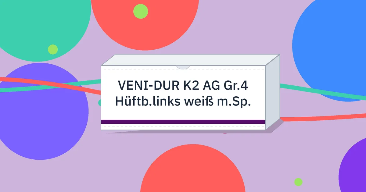 Symbolbild: Packung mit der Aufschrift VENI-DUR K2 AG Gr.4 Hüftb.links weiß m.Sp. (PZN 03250714) – Verfügbarkeit und Bezug in Apotheken in Frankfurt am Main