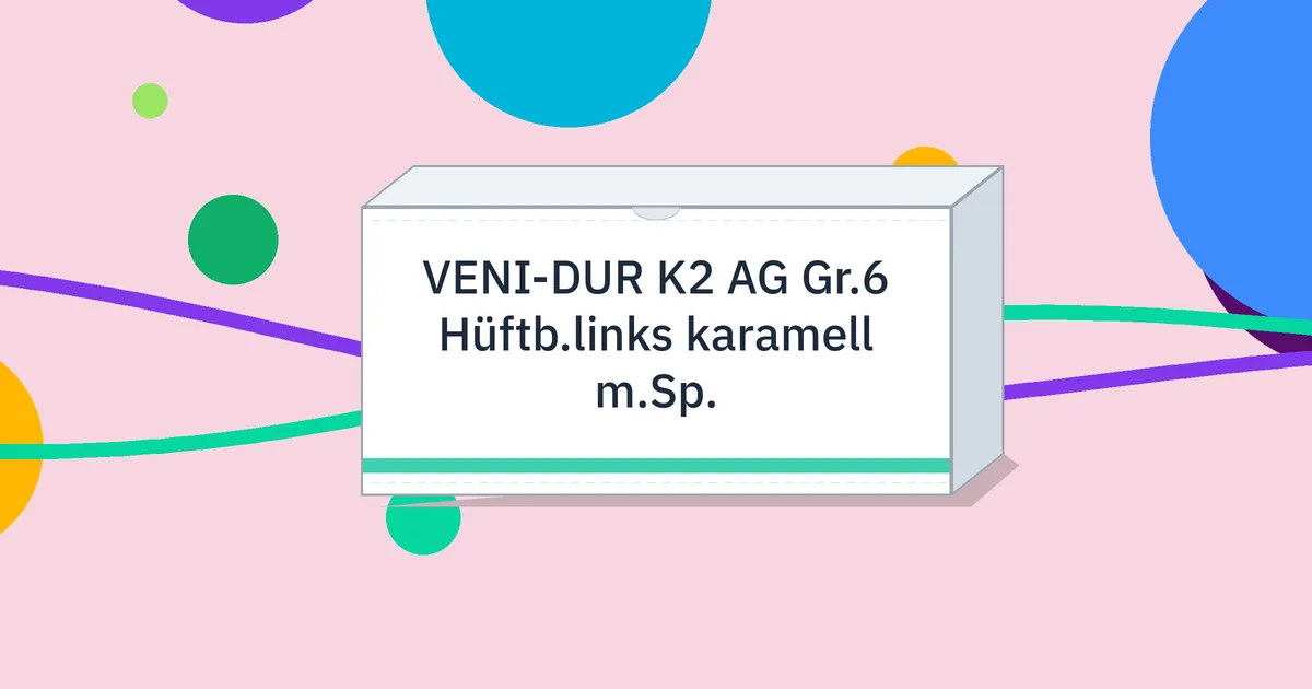 Symbolbild: Packung mit der Aufschrift VENI-DUR K2 AG Gr.6 Hüftb.links karamell m.Sp. (PZN 13760563) – Verfügbarkeit und Bezug in Apotheken in Frankfurt am Main