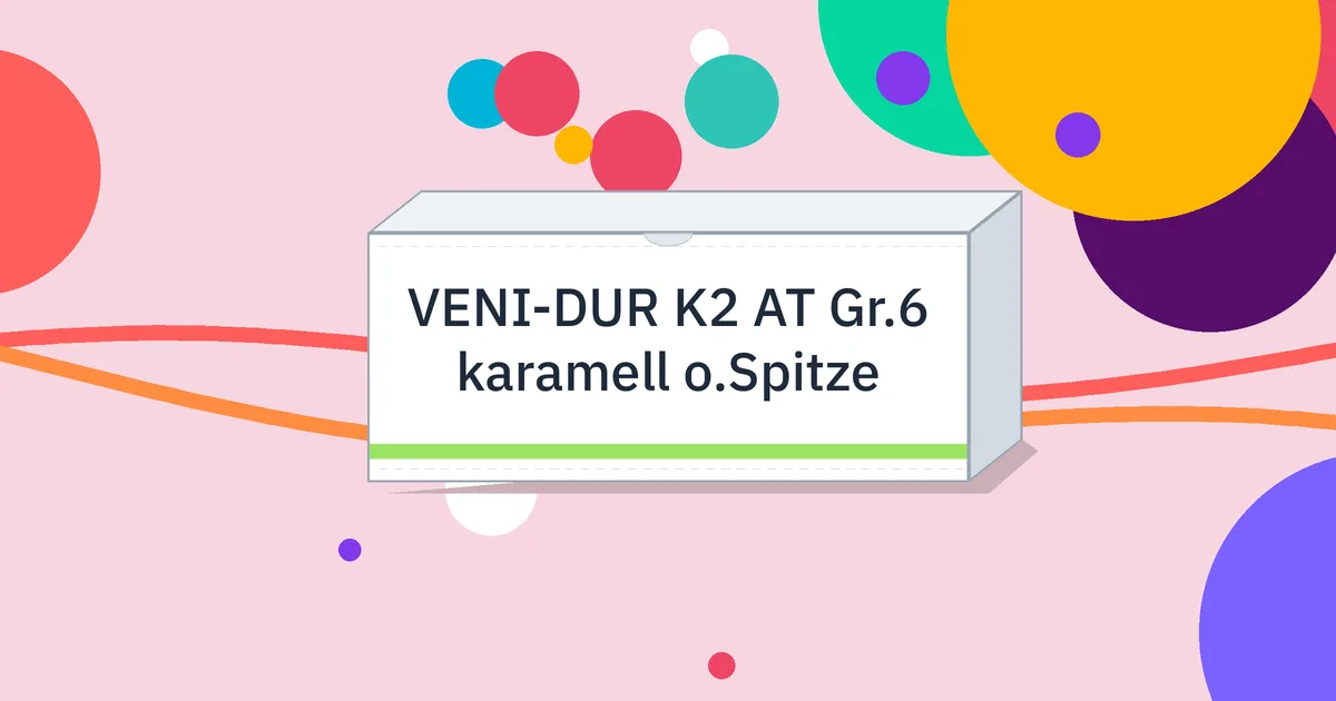 Symbolbild: Packung mit der Aufschrift VENI-DUR K2 AT Gr.6 karamell o.Spitze (PZN 13757070) – Verfügbarkeit und Bezug in Apotheken in Frankfurt am Main