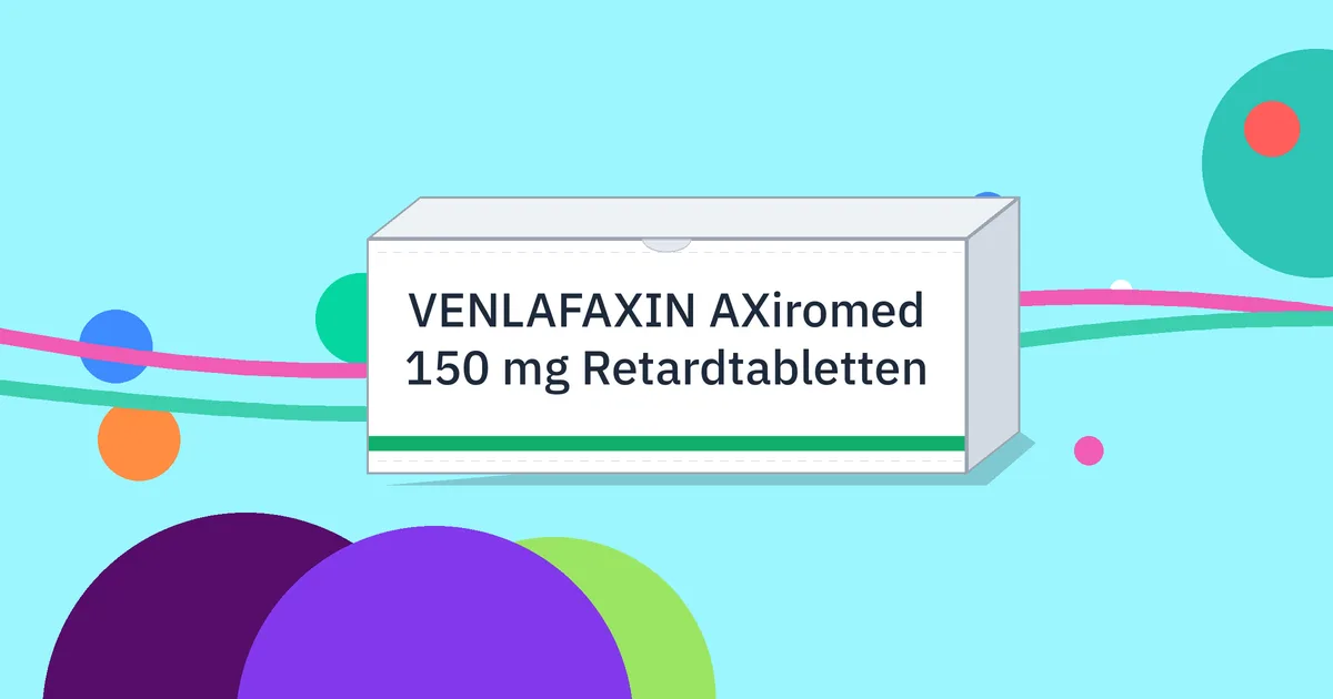 Symbolbild: Packung mit der Aufschrift VENLAFAXIN AXiromed 150 mg Retardtabletten (PZN 19380488) – Verfügbarkeit und Bezug in Apotheken in Frankfurt am Main