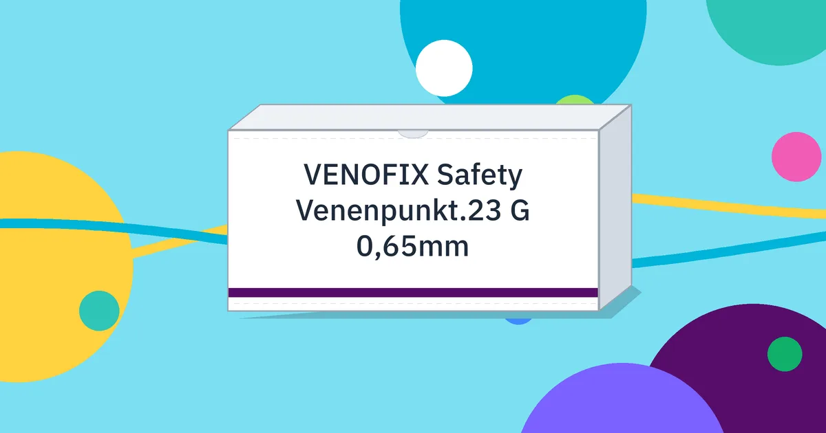 Symbolbild: Packung mit der Aufschrift VENOFIX Safety Venenpunkt.23 G 0,65mm (PZN 00328611) – Verfügbarkeit und Bezug in Apotheken in Frankfurt am Main